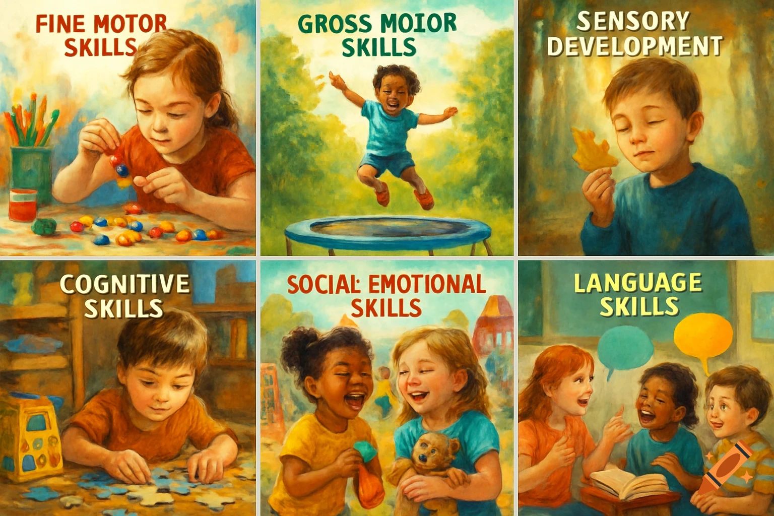 Six illustrative panels depicting children performing different ...