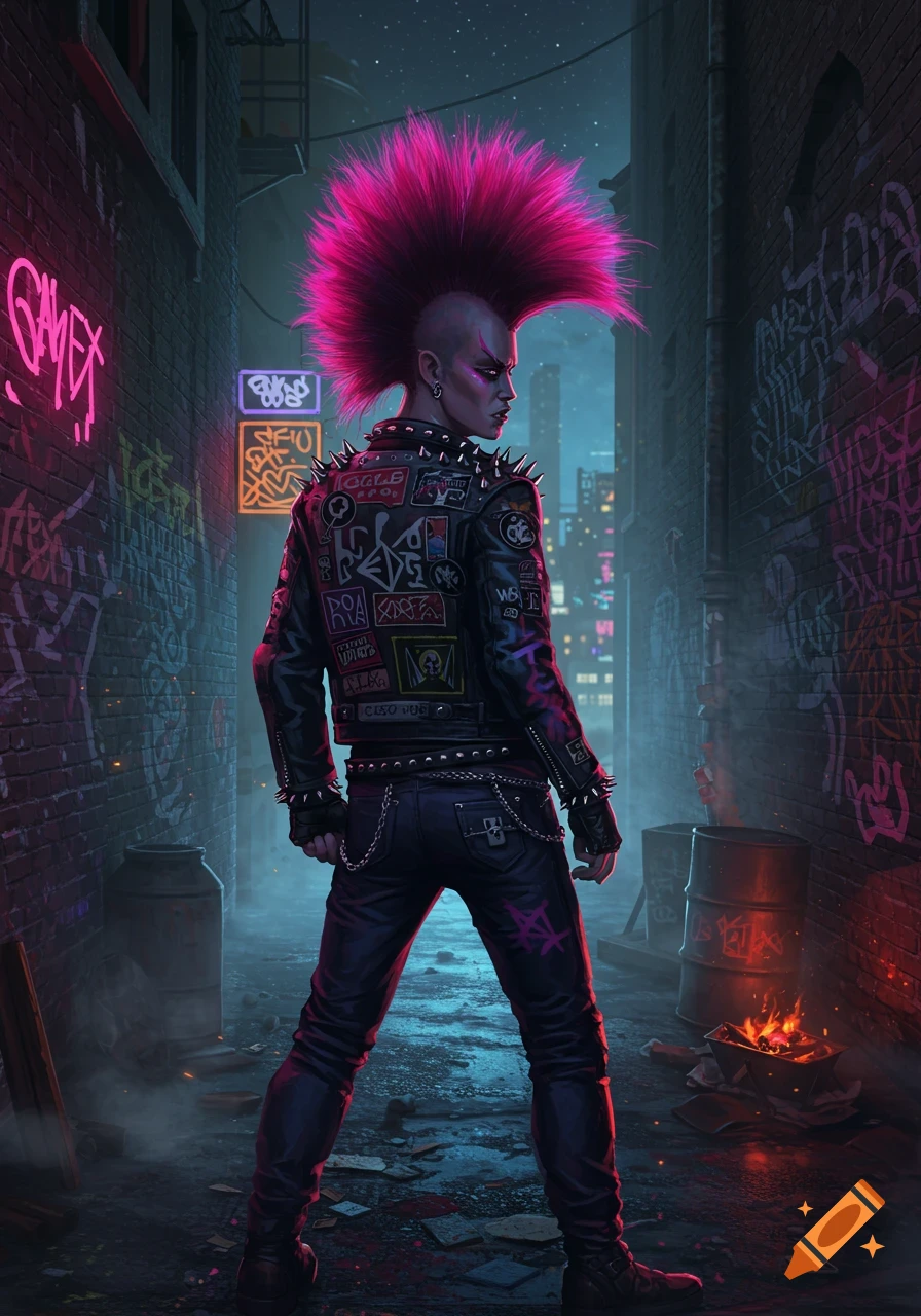A punk person with a bright pink mohawk and a spiked leather jacket ...