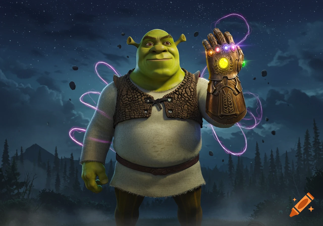 Shrek, a green ogre, is performing a hammer throw in a brightly lit ...