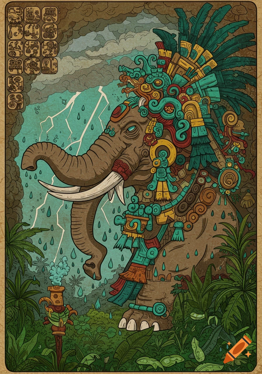 Stylized Mayan codex illustration of the elephant-headed deity Chaak in ...