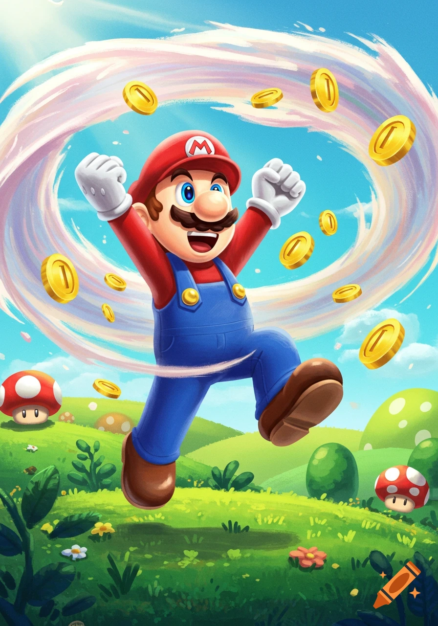 Mario jumps excitedly amidst golden coins in a vibrant pixel art ...