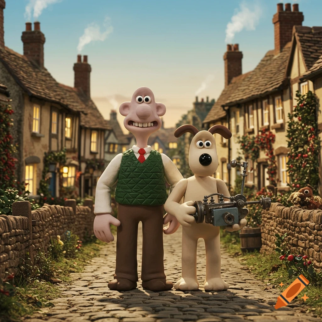Wallace and Gromit, the stop-motion animation characters, stand on a ...
