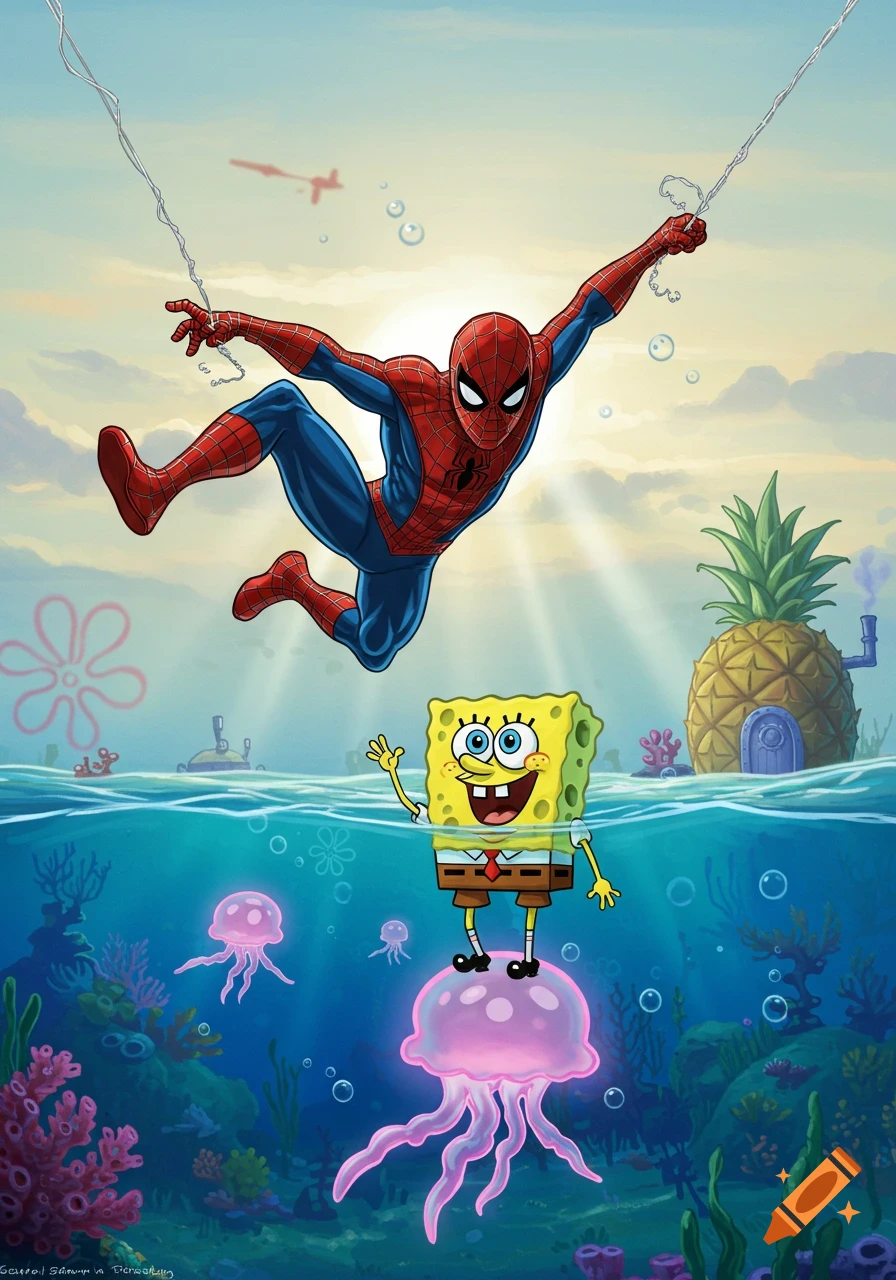 Spider-Man swings in a sunny sky over the ocean, while Spongebob stands ...