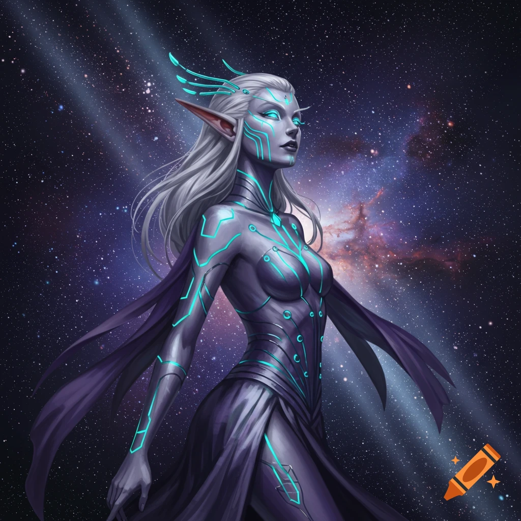 A celestial woman with glowing eyes and hair stands against a backdrop ...