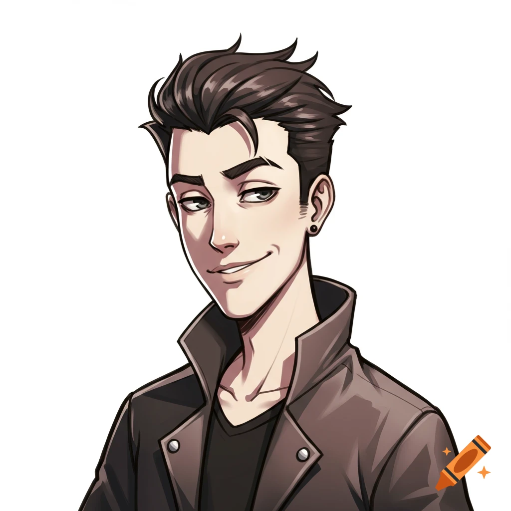 Anime-style animated male character with dark hair smirking in a brown ...