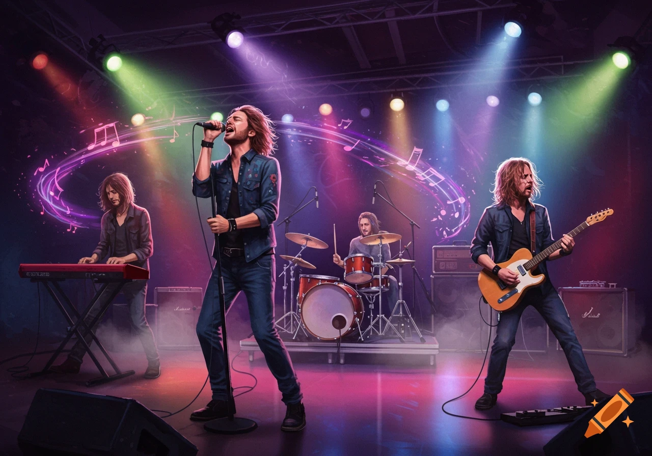 A metal band performing live on a dark stage, illuminated by bright spotlights, with a vocalist ...