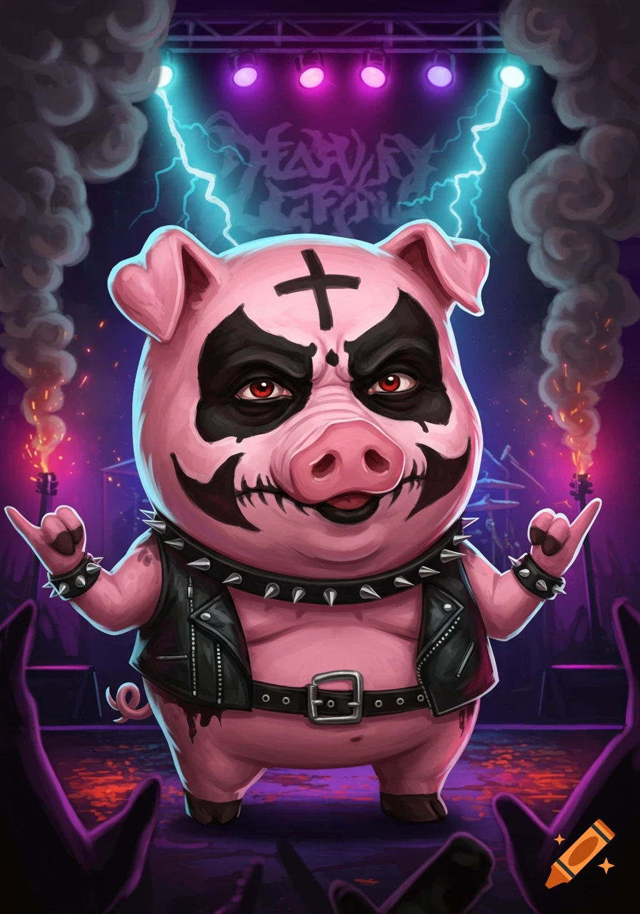 A cartoon pig with black metal corpse paint, an inverted cross, leather ...