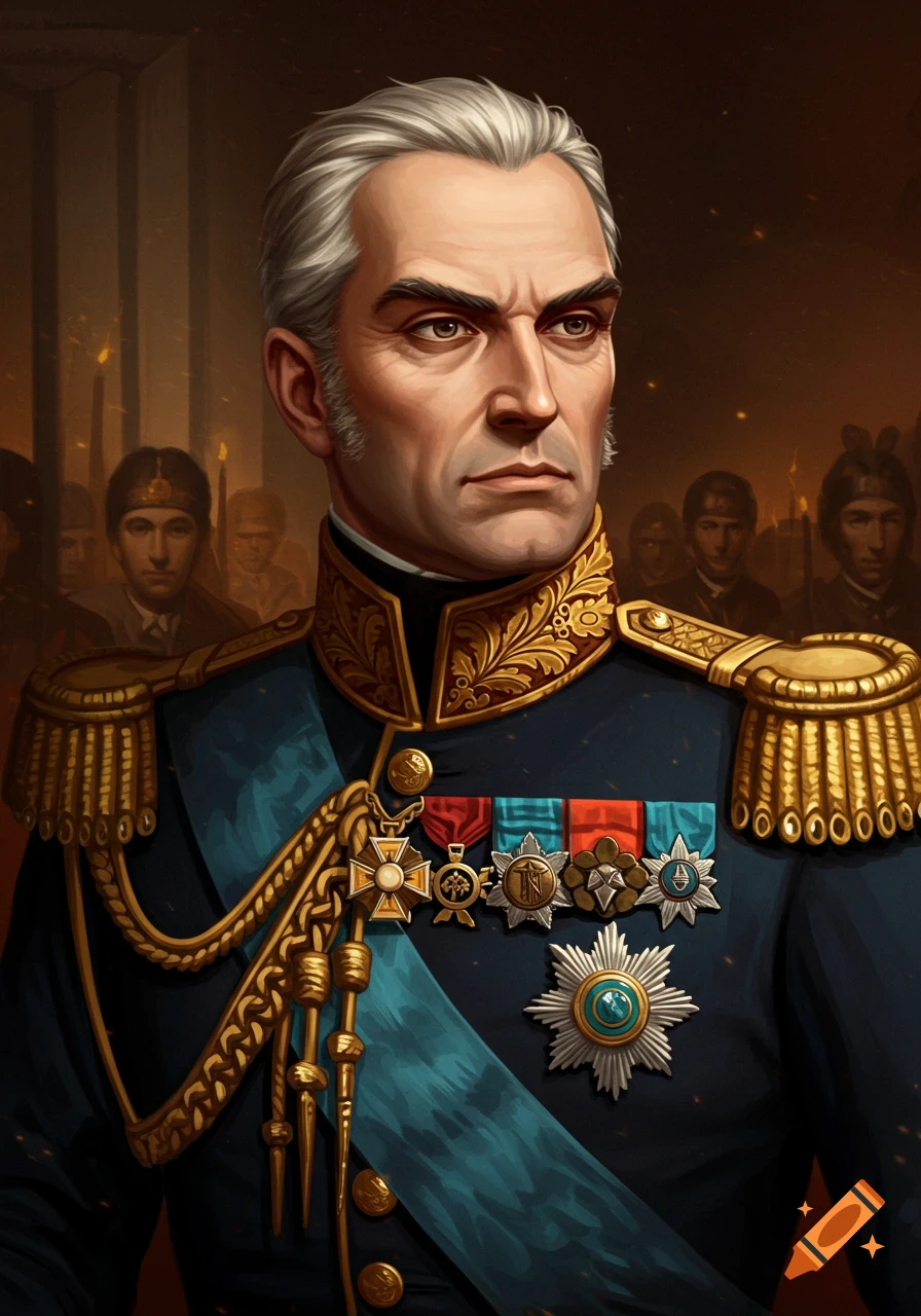 A stern general with white hair in an ornate blue military uniform ...