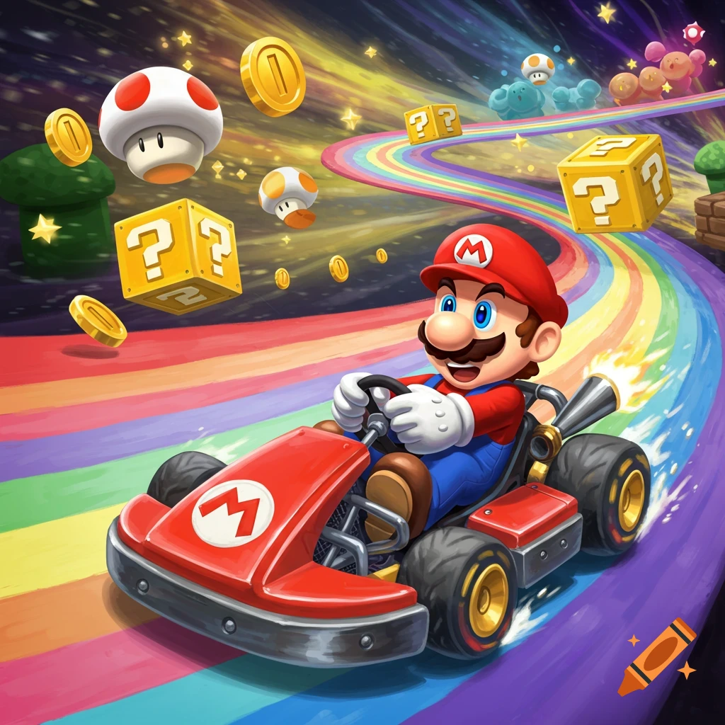 Vector style cartoon character resembling Mario driving a red go-kart ...