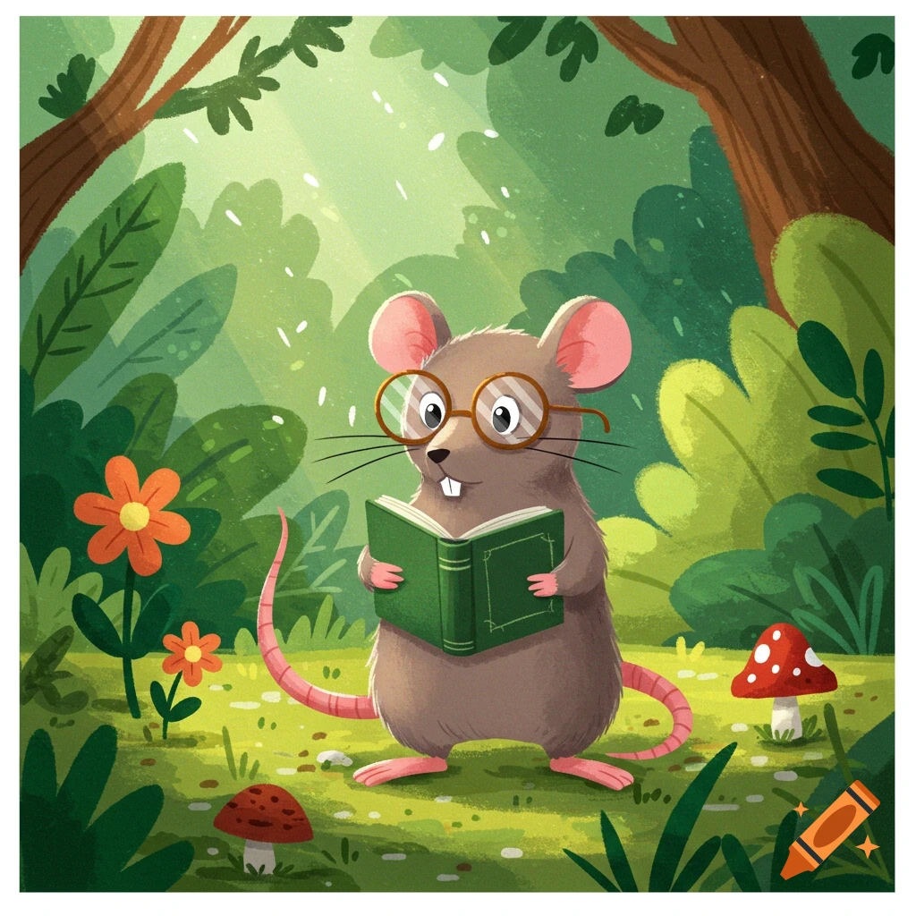 A cute cartoon rat with glasses reads a green book in a lush, sunlit ...