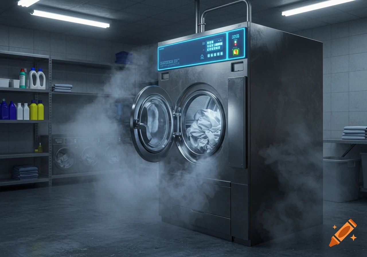 A large, metallic industrial washing machine with its door open emits ...