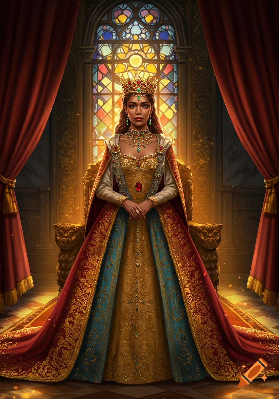 A horned empress in a red and gold Byzantine gown sits on a grand ...