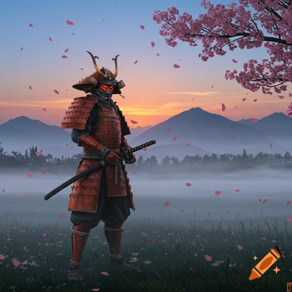 A samurai in red armor with a katana stands in a misty field under ...