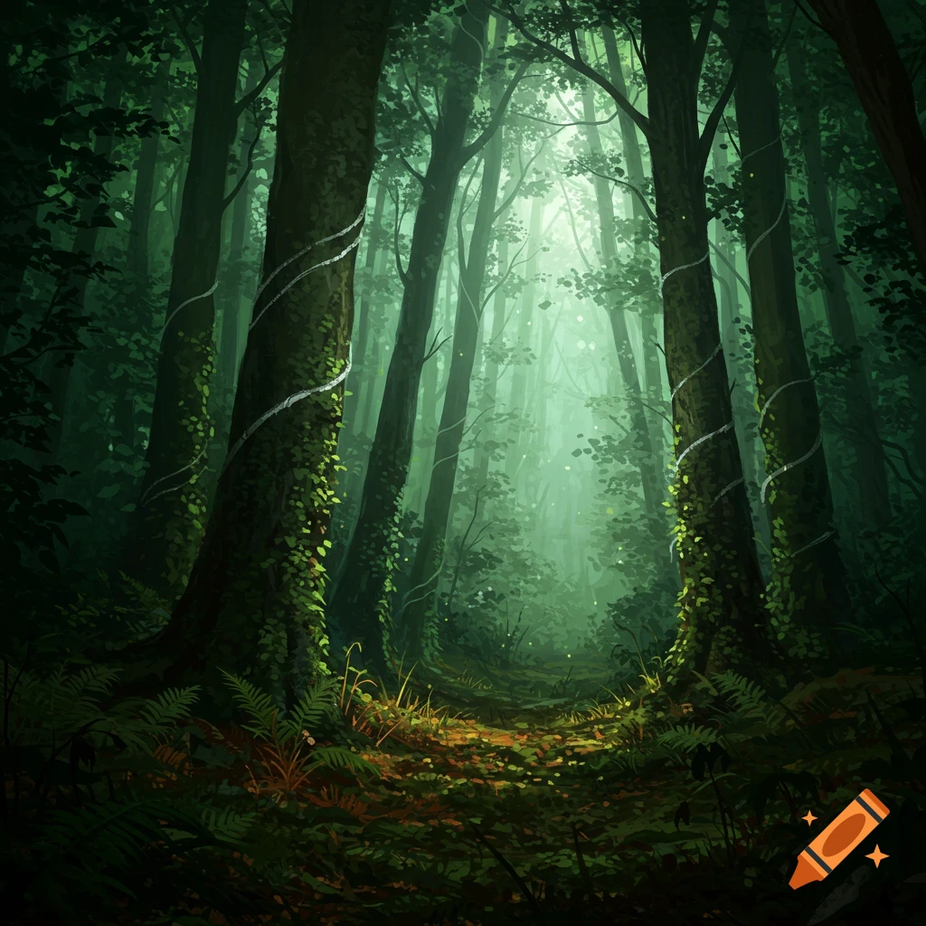 Lush, dark green forest with tall trees, dappled light, and a winding path, rendered in a ...