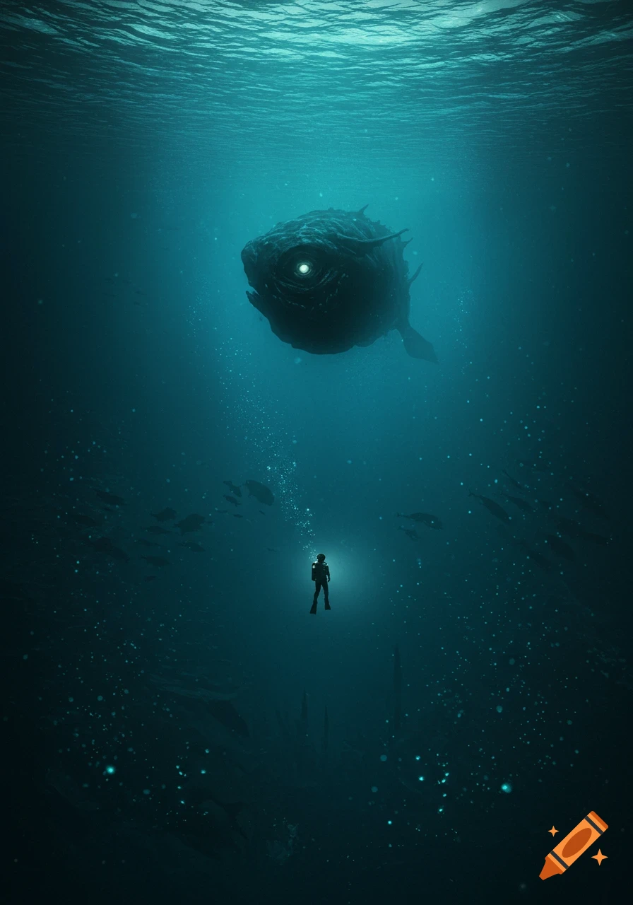 A surreal split-level ocean scene with abstract organic forms ...