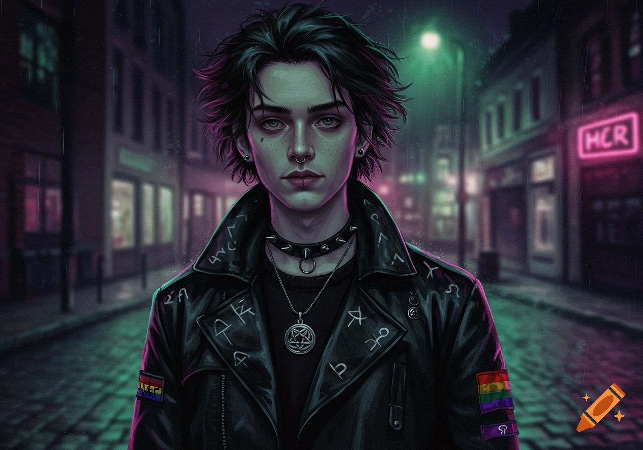 An illustration of a teen in goth attire, with dark hair, piercings, a ...