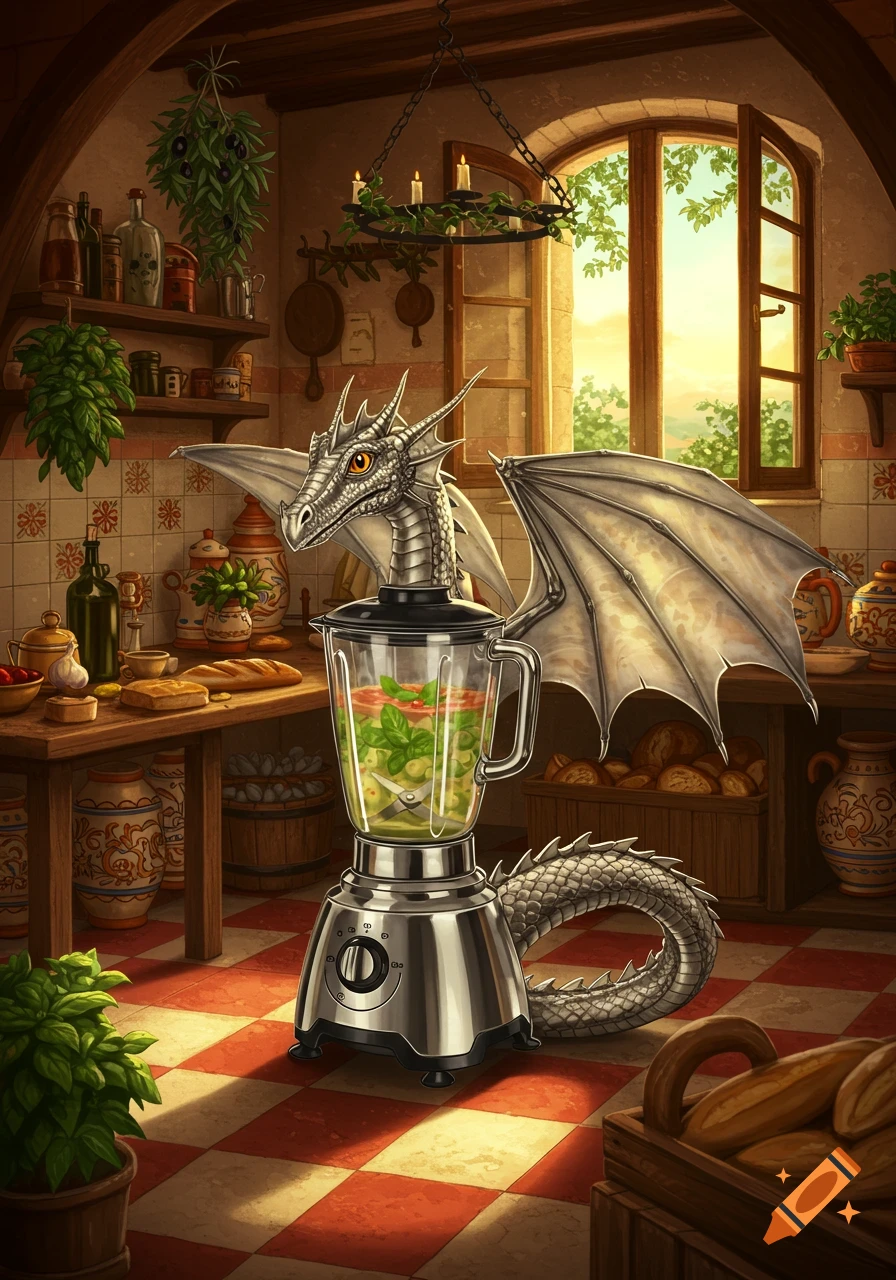 A silver dragon with wings forms the base and top of a blender, filled ...