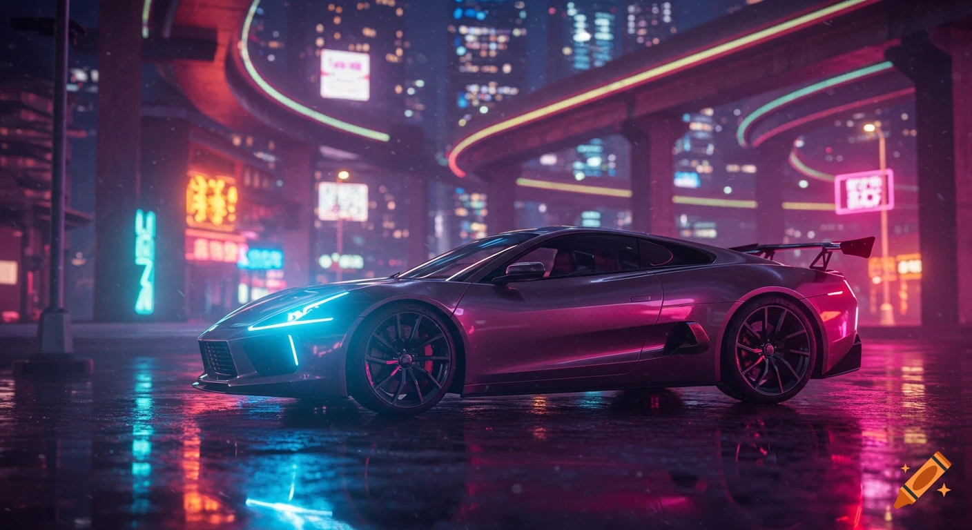 A night scene on a wet city street, with multiple cars, some classic ...