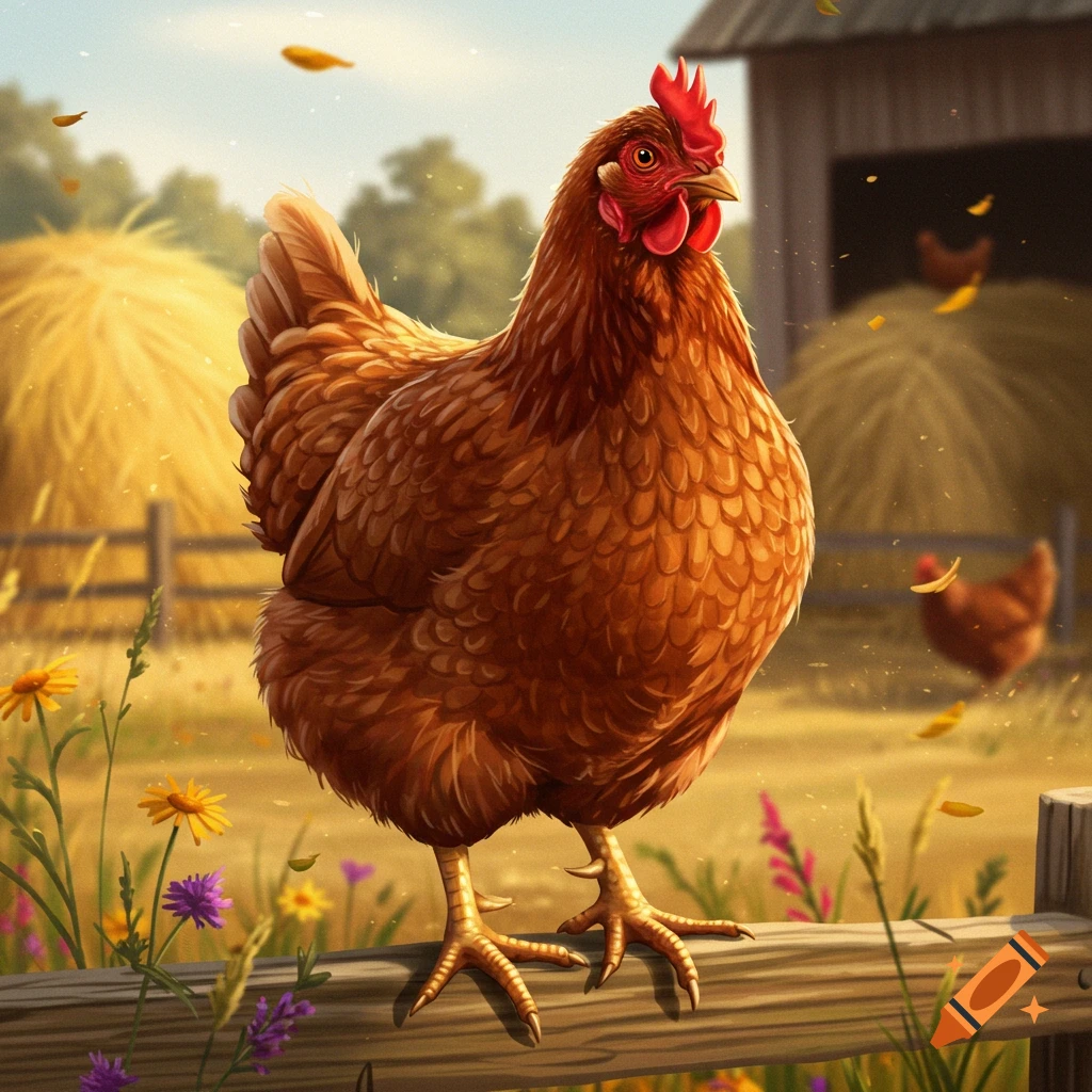 A brown chicken stands on a wooden fence post in a sunny farm setting ...