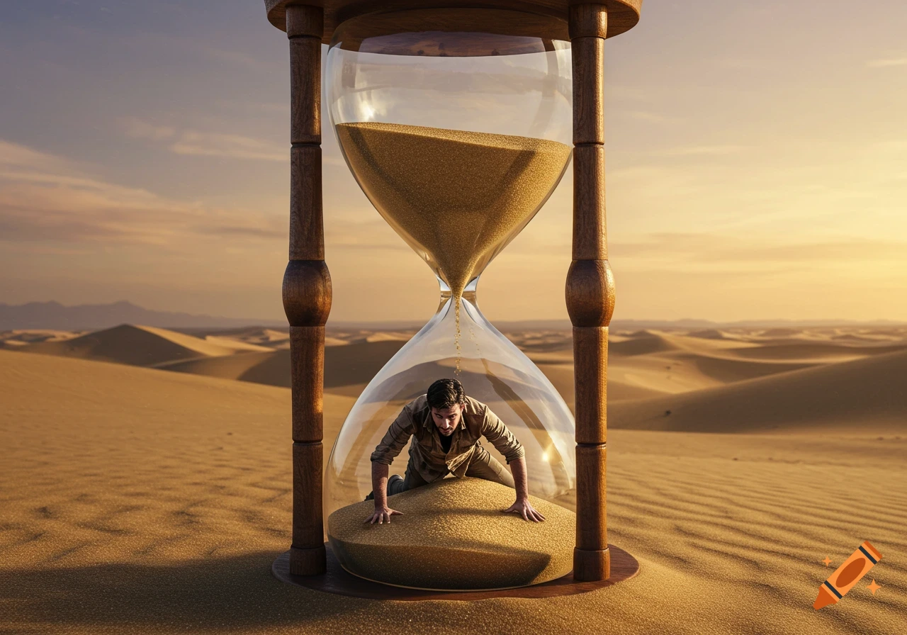 A man struggles, partially submerged in sand, inside the base of a ...