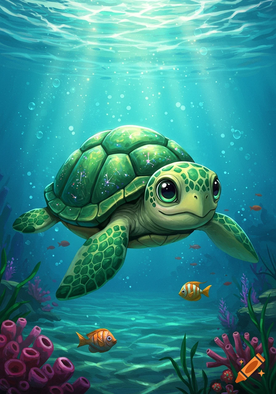 A vibrant illustration of a sea turtle swimming underwater amidst coral ...
