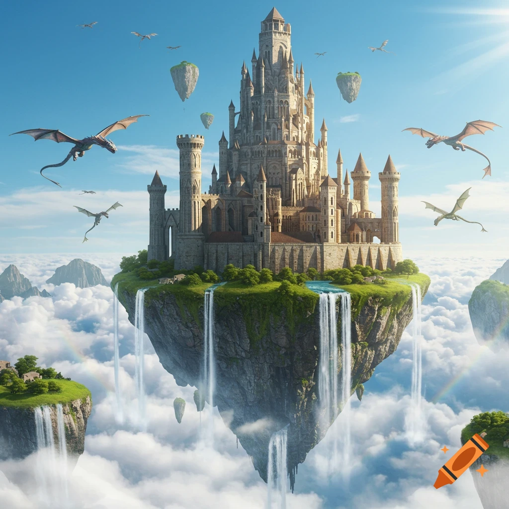 Majestic fantasy castle on a floating island with waterfalls, dragons ...