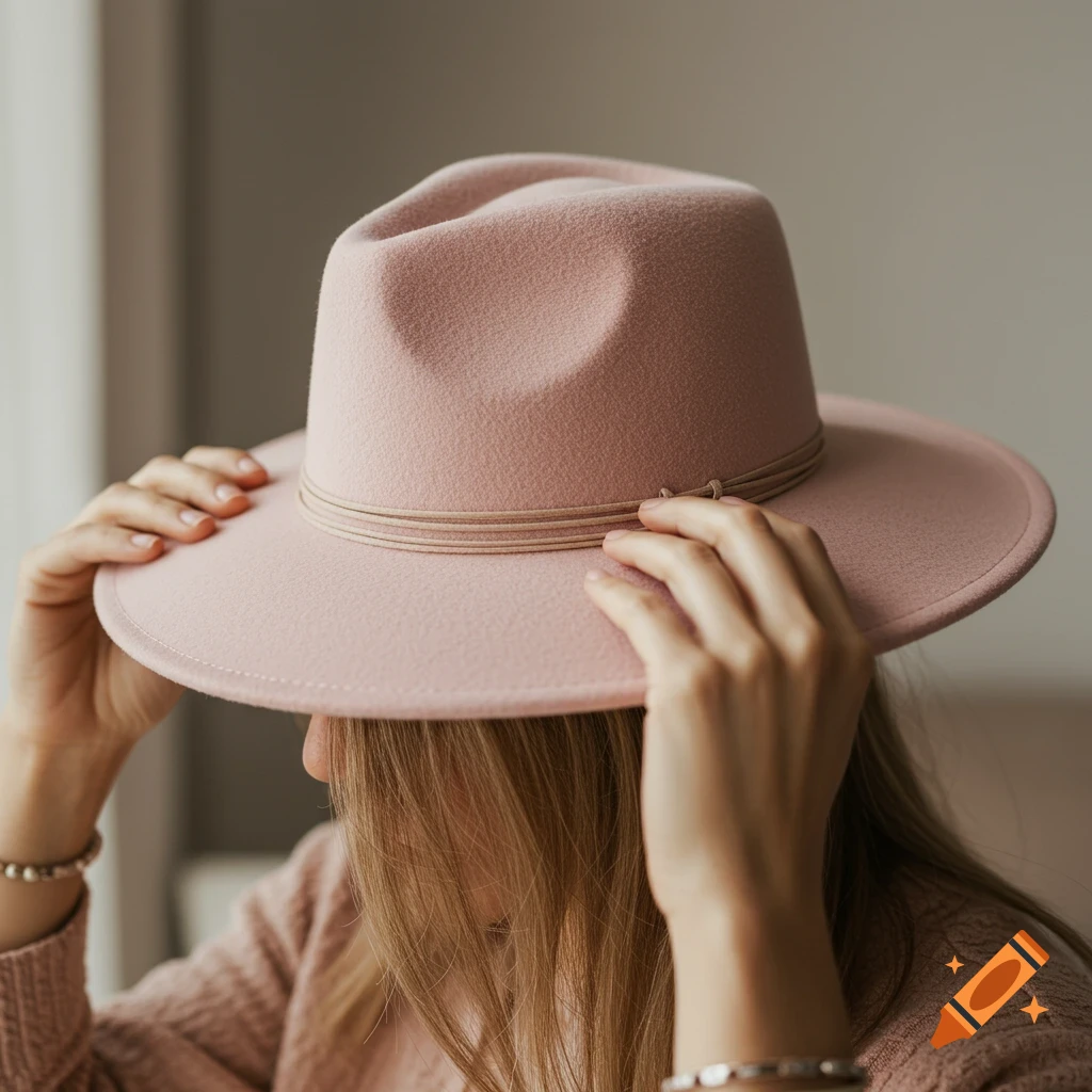 A person with blonde hair adjusting a pink felt fedora hat with a thin ...