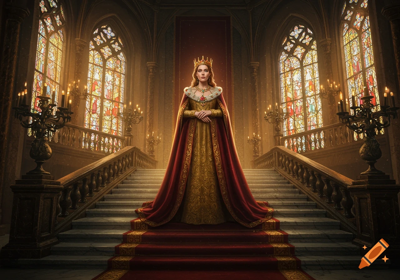 A beautiful princess in a crown, striped top, long gown, and cape ...