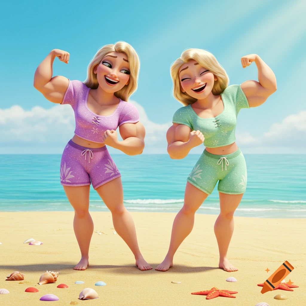 Elsa, Anna, and a muscular woman resembling Elsa flex on a sandy beach ...