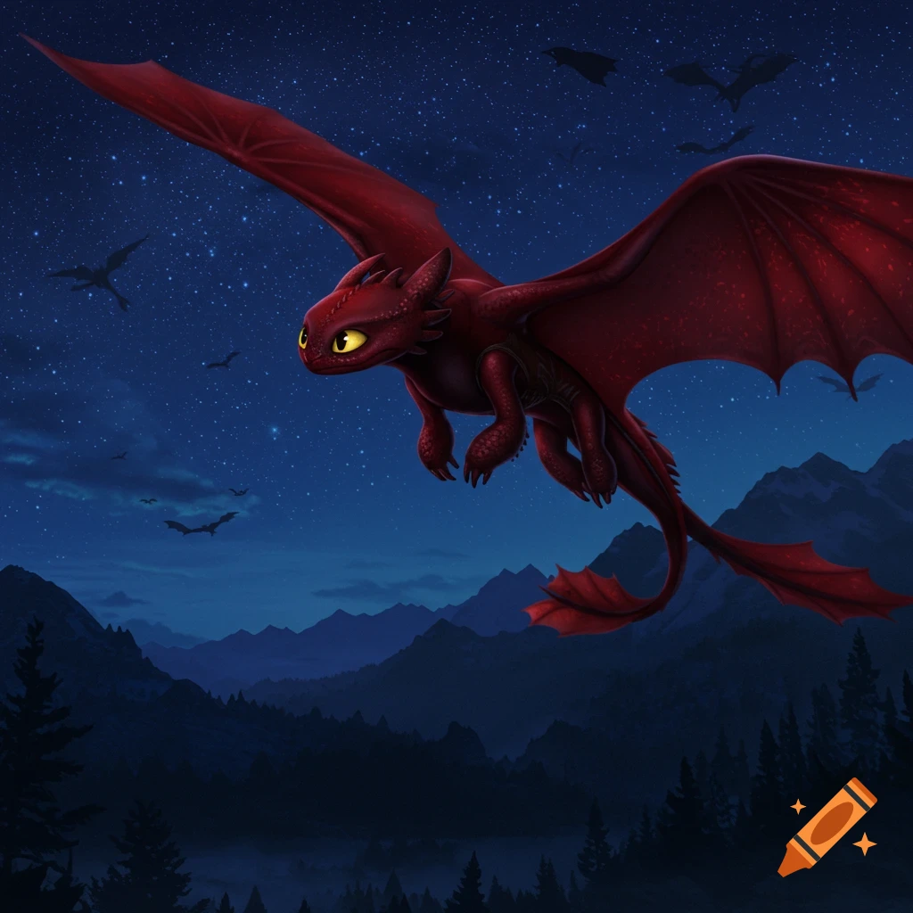 A dark red Night Fury dragon with yellow eyes soars through a star ...