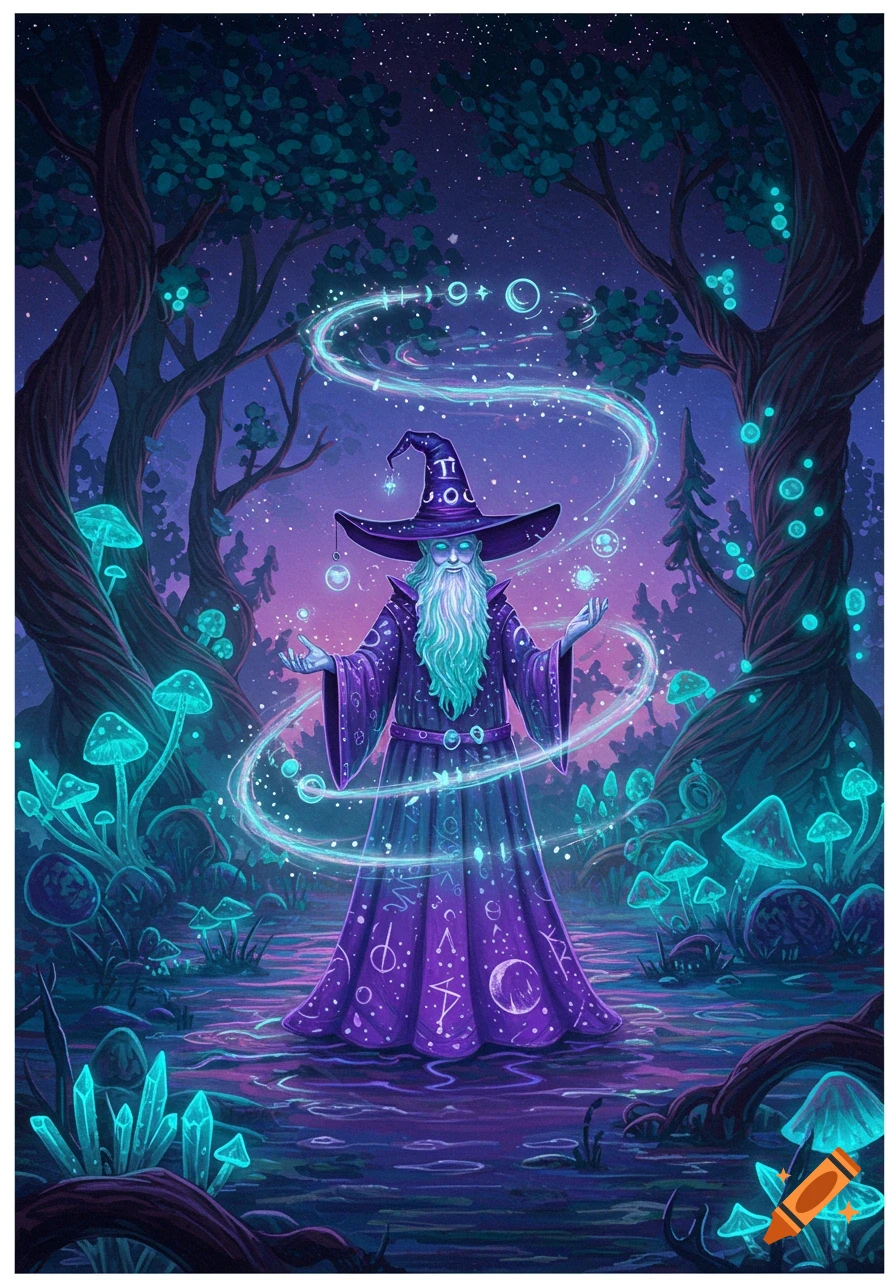 A vibrant illustration of a wizard in purple robes and a wide-brimmed ...