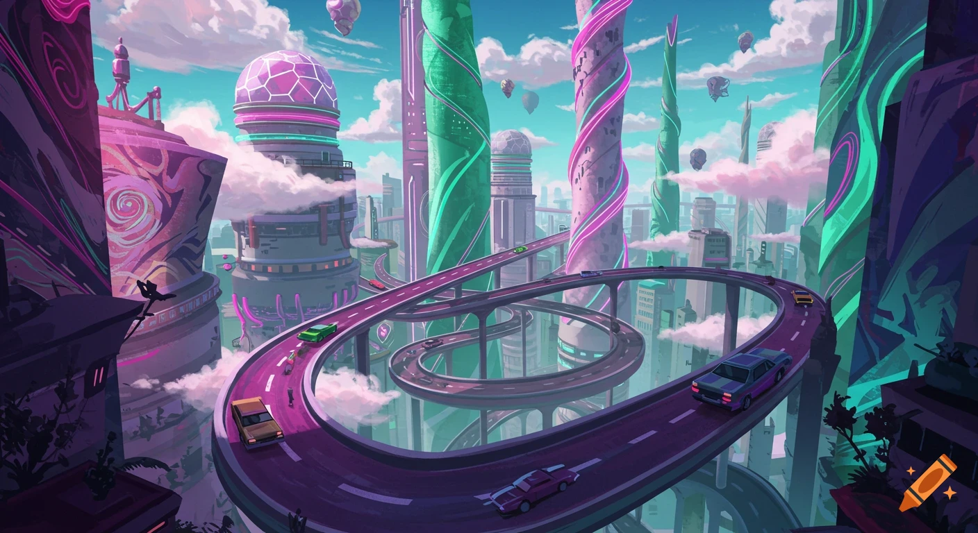 A surreal, M.C. Escher-style futuristic city at sunset, with complex ...