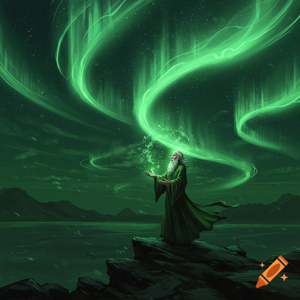 Old sage in green robes casts green magic under a vibrant green aurora ...