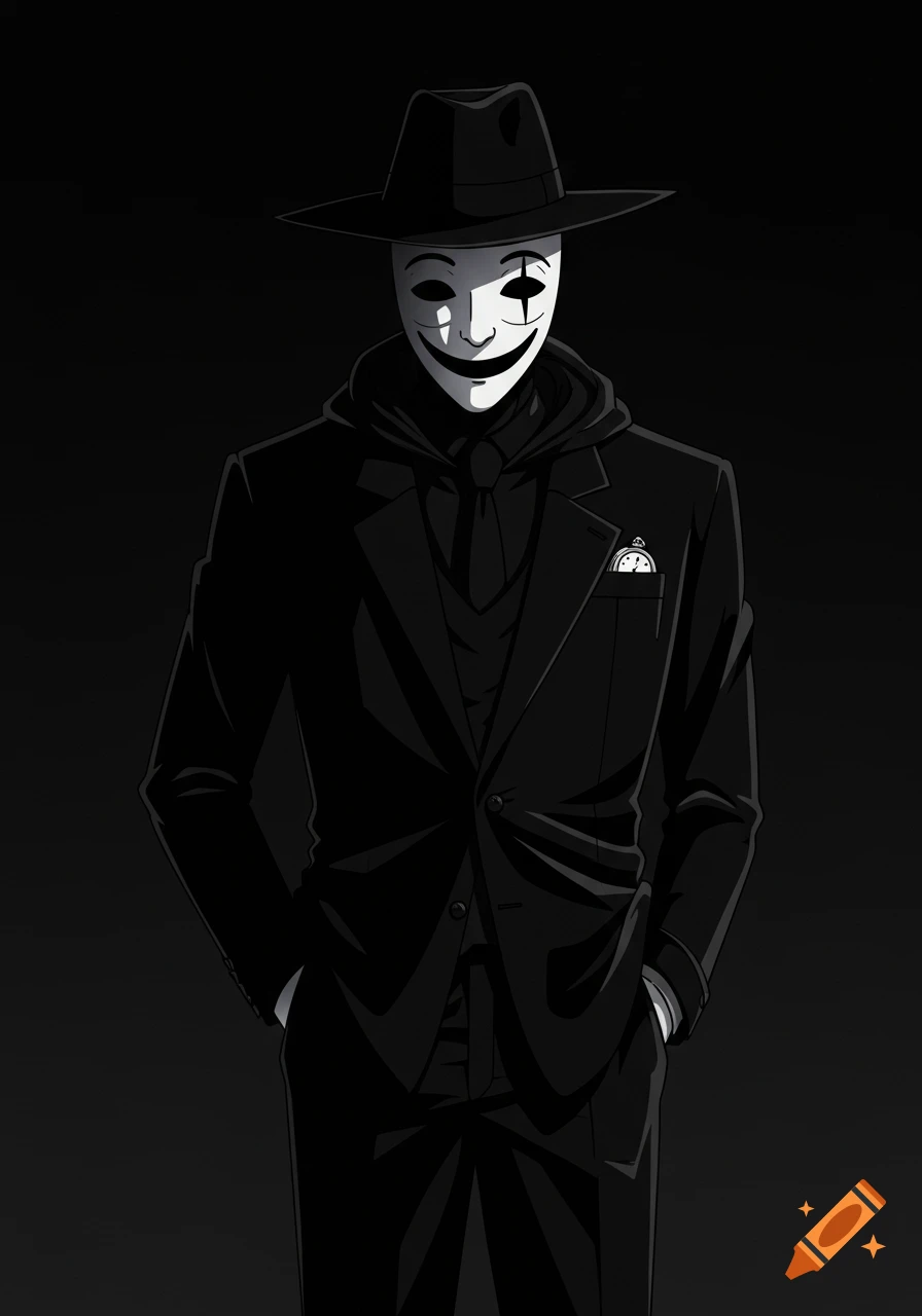 Anime-style character in a black suit, fedora, and white smiling mask ...
