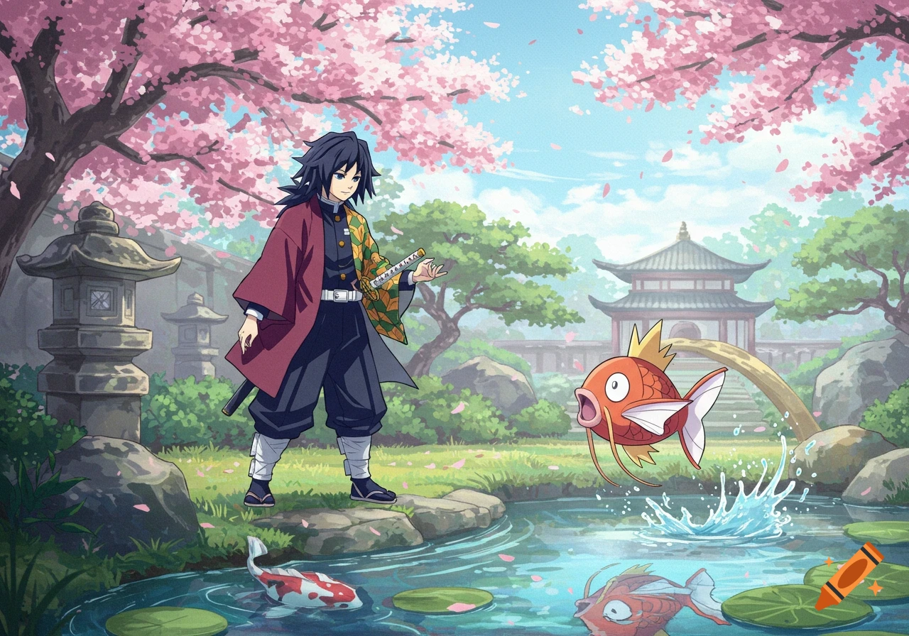 Anime drawing of Giyu Tomioka in a cherry blossom garden, with a ...