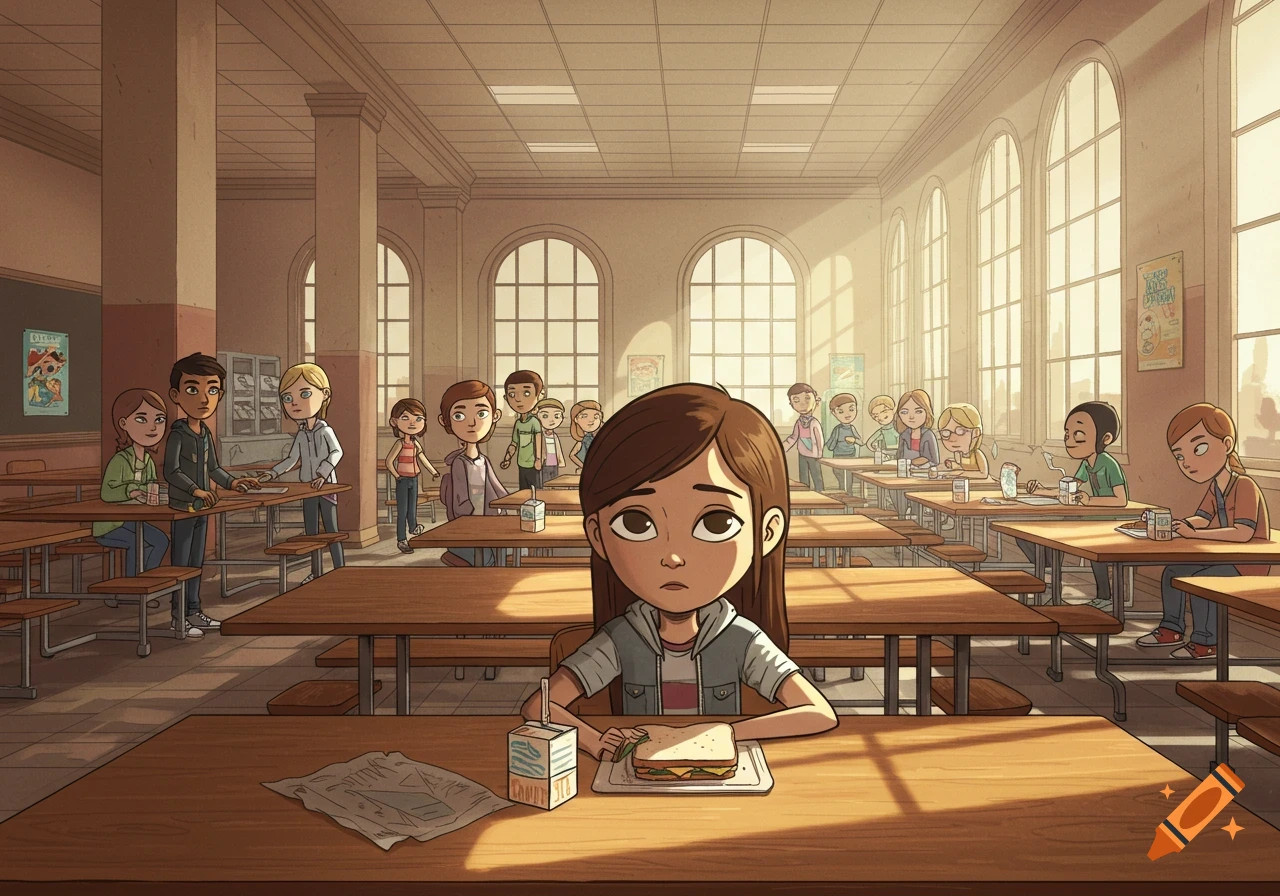 A cartoon of a girl sitting alone at a long table in a school cafeteria ...