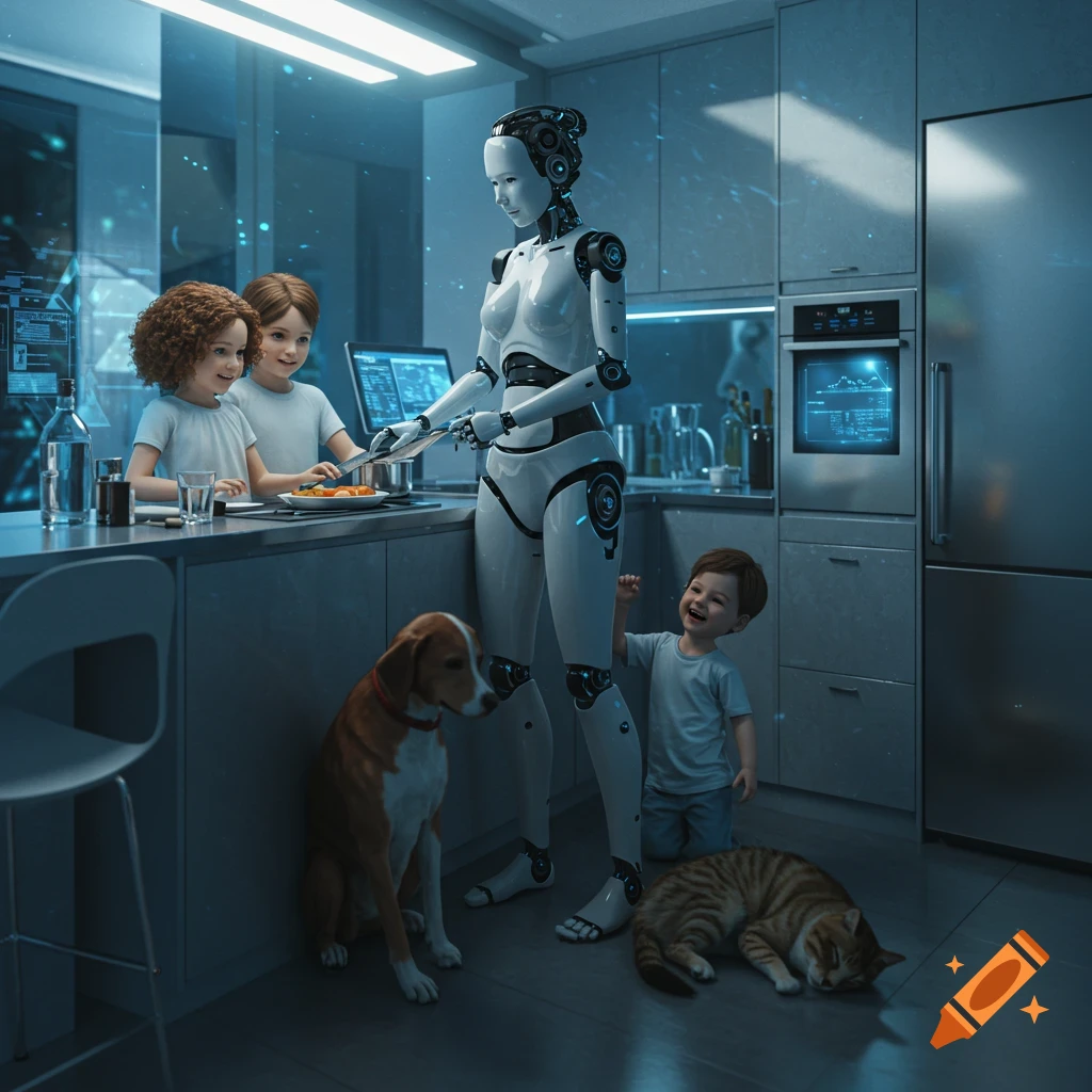 A photorealistic robot woman in high heels laughs and leans back on a ...