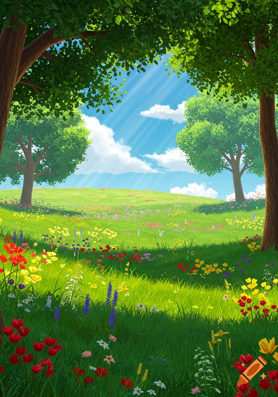 Vibrant illustration of a sunlit forest meadow filled with colorful wildflowers, with tall green ...