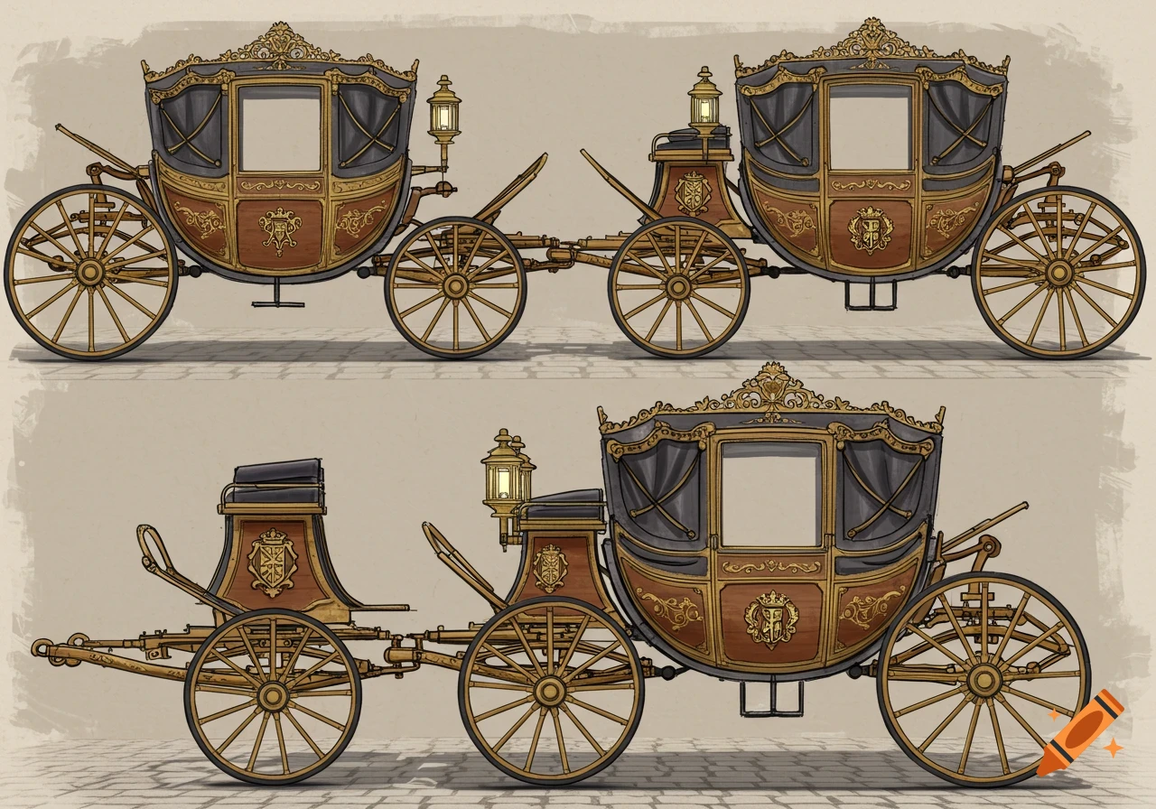 Detailed sketch of two ornate royal carriages in side view with golden ...