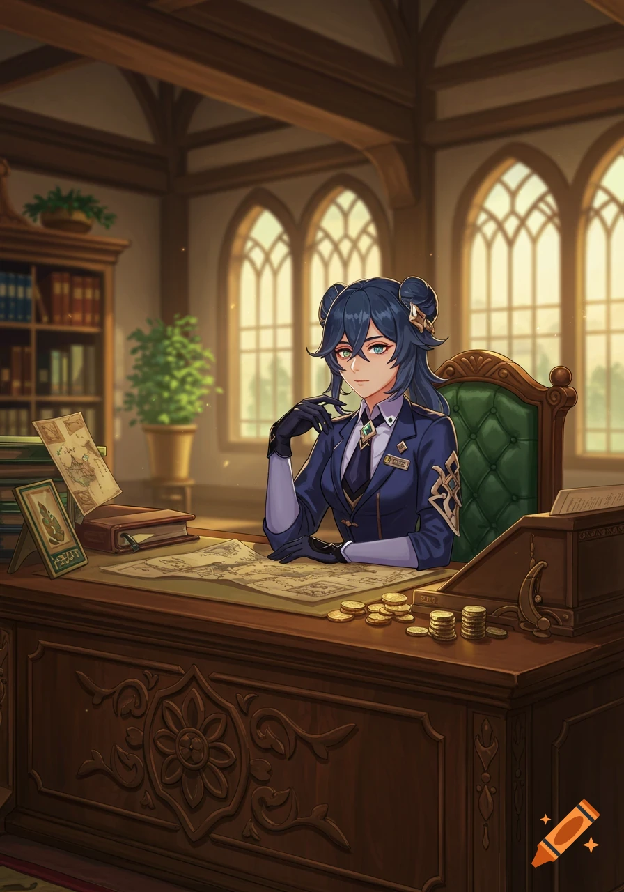 Anime-style character in a professional uniform sits at an ornate ...