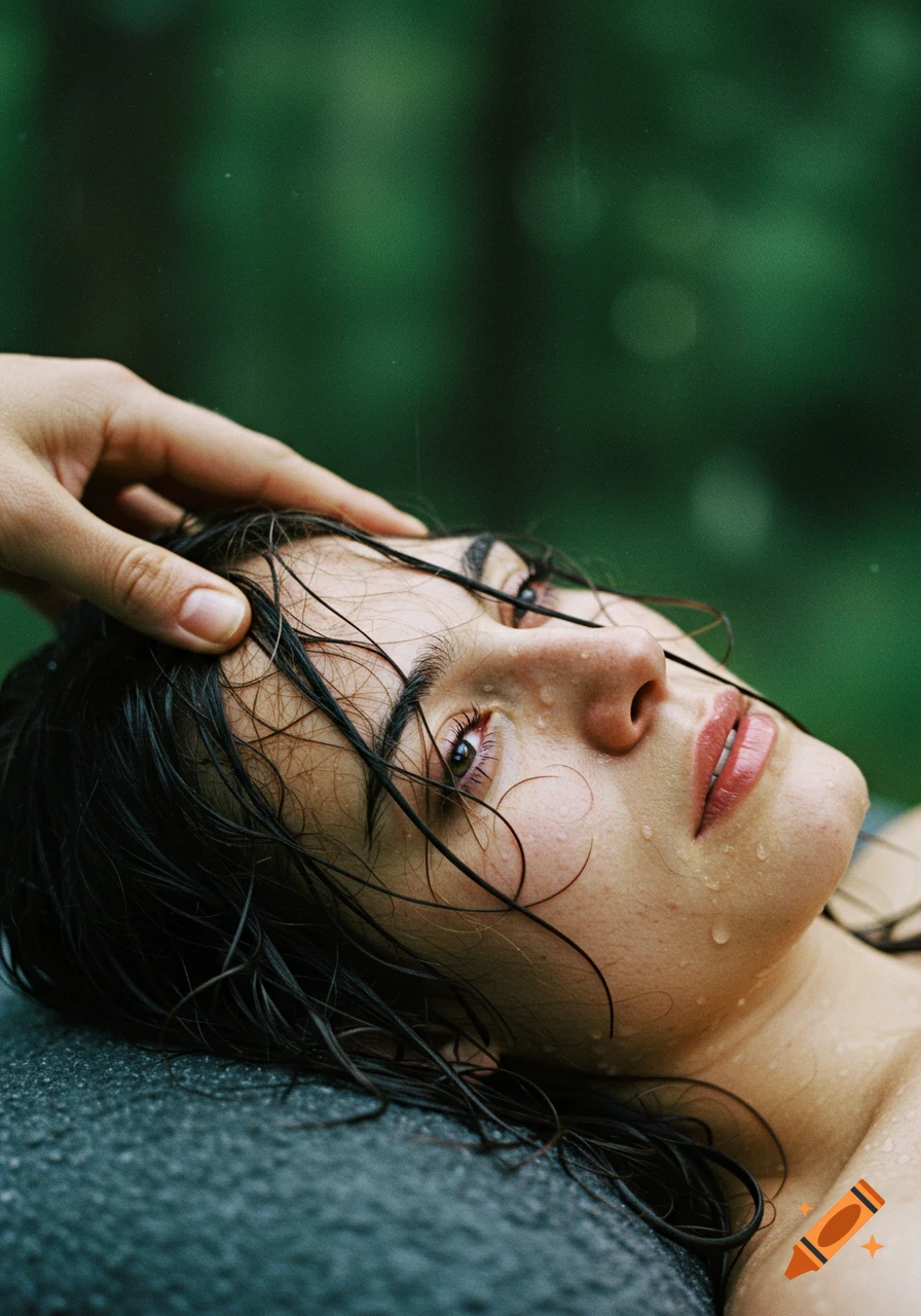 Close-up photorealistic portrait of a person with wet hair and water ...