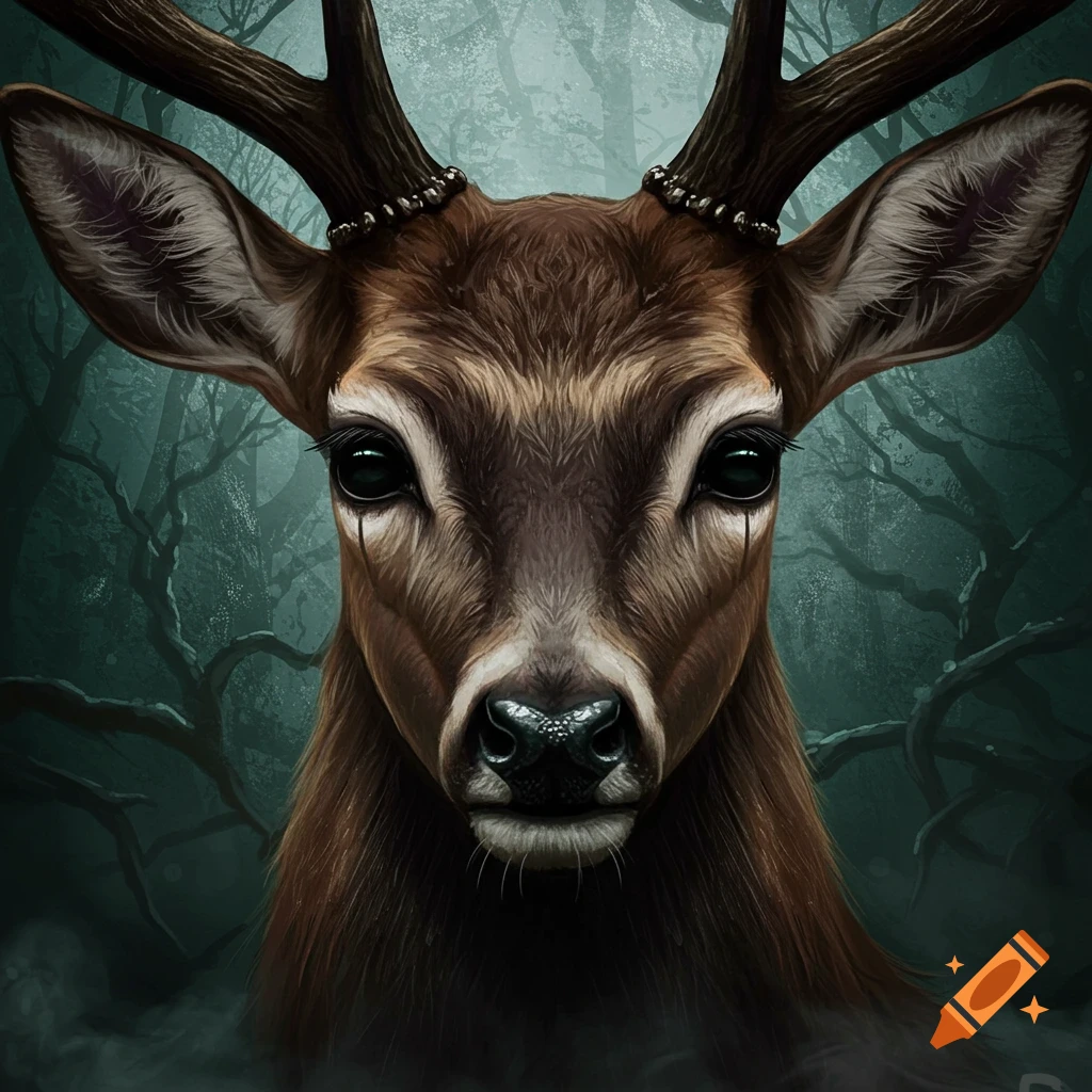 Close-up of a deer's face with large, black, stylized eyes and antlers ...