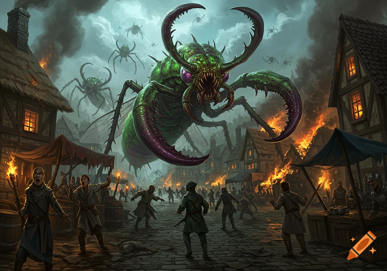Giant green mutant insects attack a medieval village, causing ...
