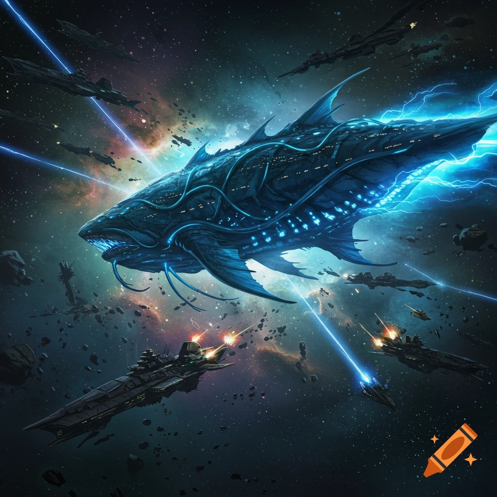 A massive, blue bioluminescent fish-shaped spaceship battles smaller ...