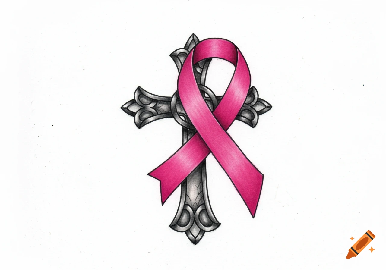 A black and grey Christian cross intertwined with a vibrant pink breast ...