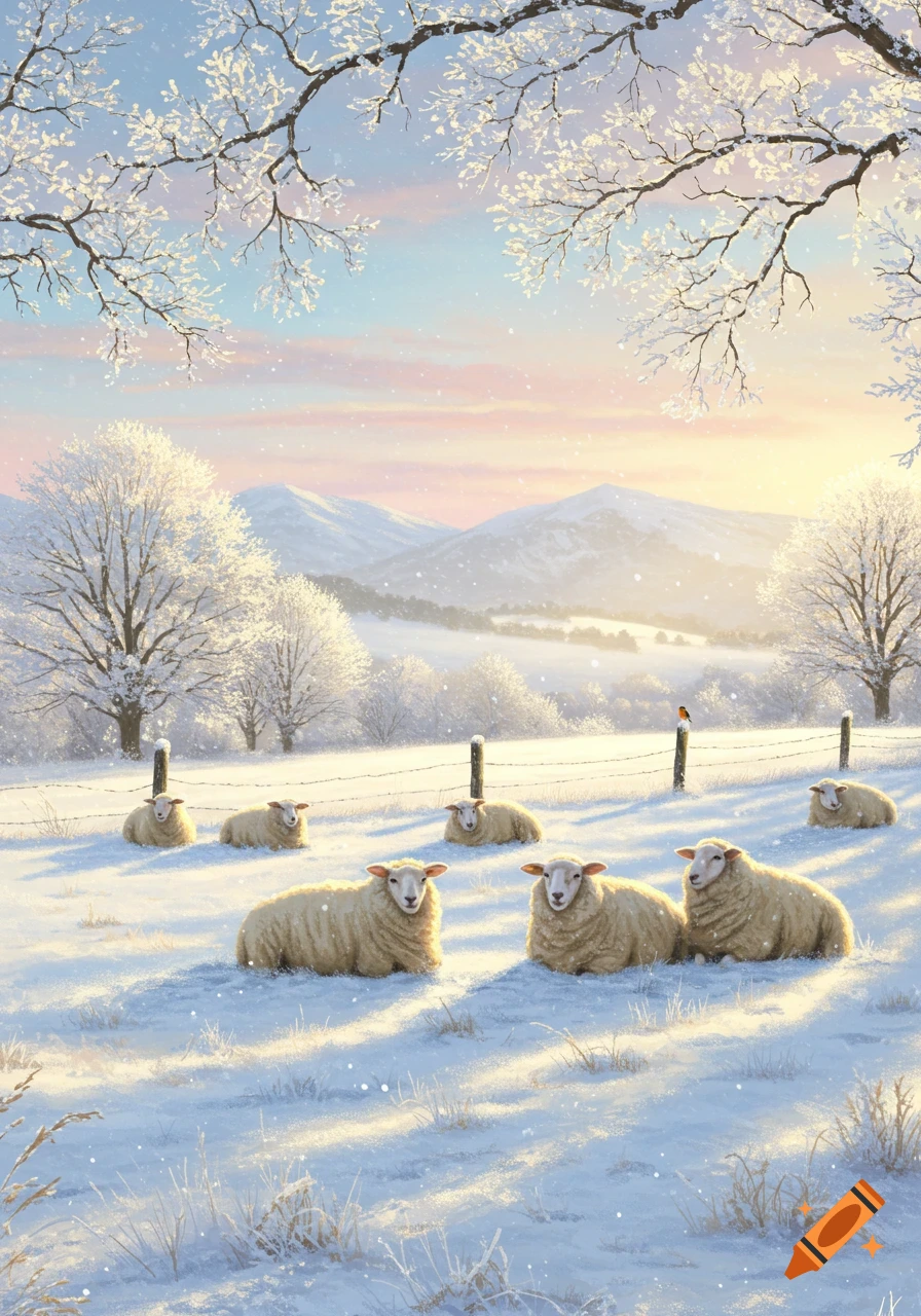 Sheep rest in a sunlit, snow-covered winter field with frosted trees ...