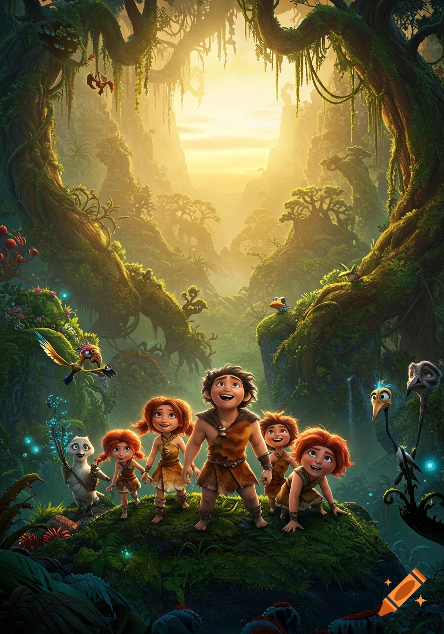 Animated family, The Croods, and fantastical animals stand in a lush ...