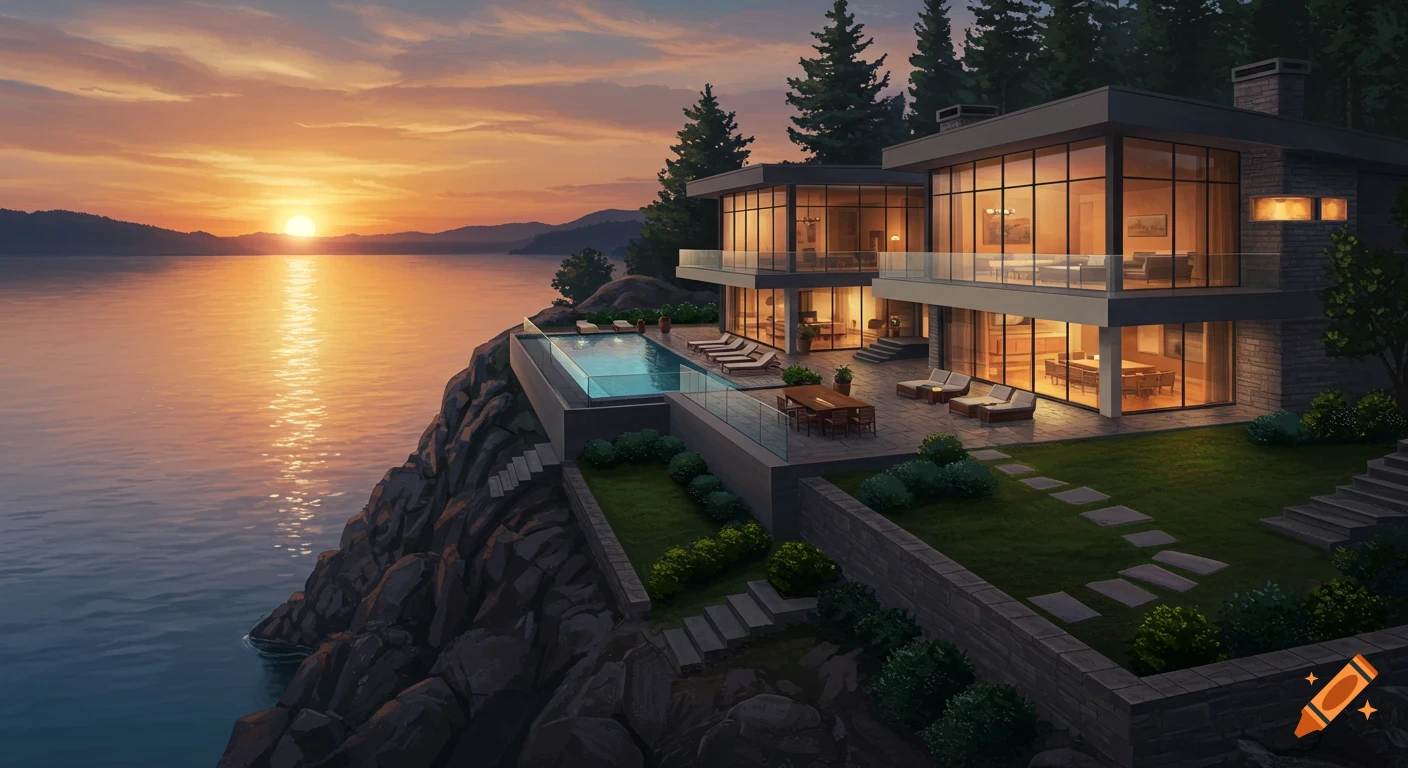 Modern mansion with large windows overlooking a lake at sunset ...