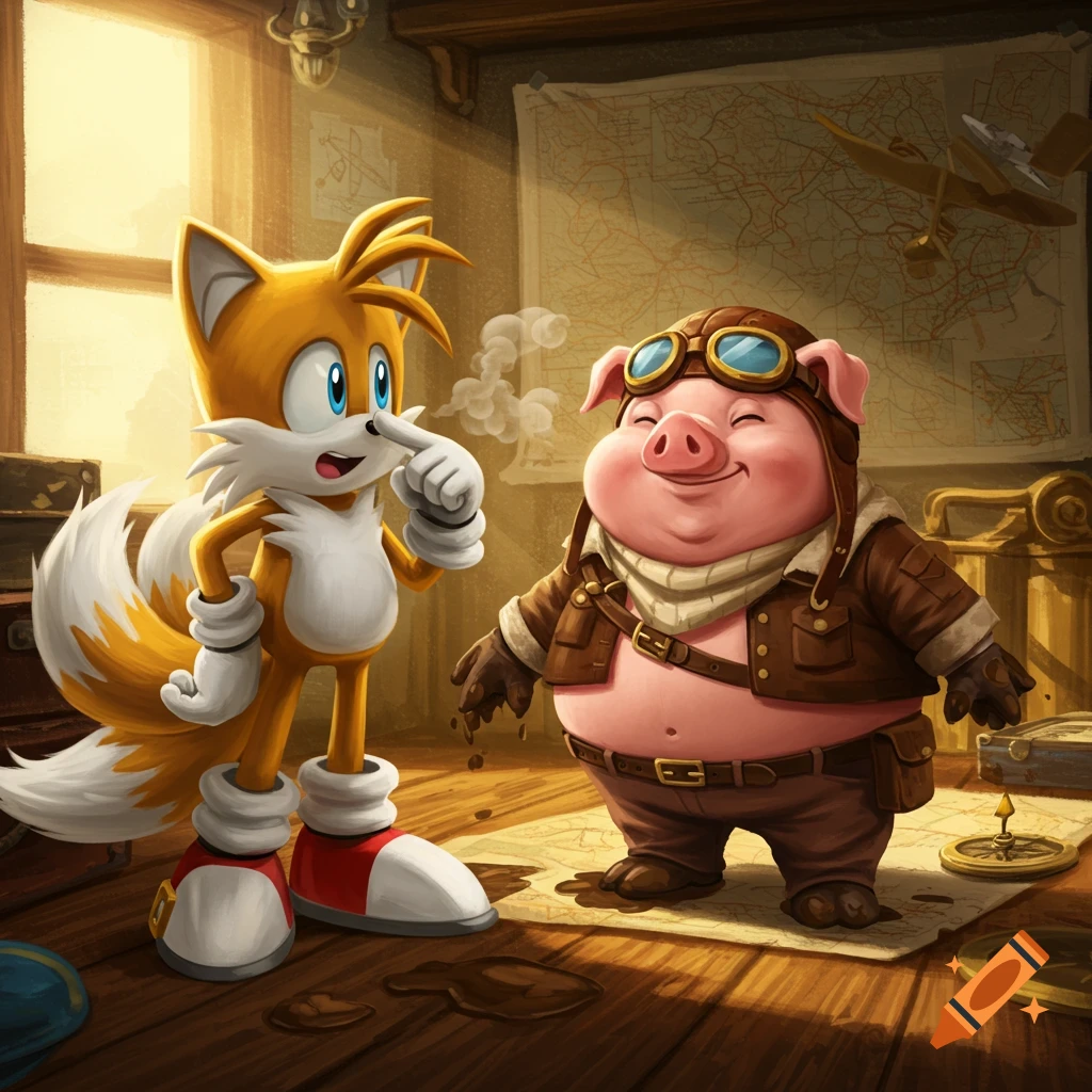 Tails the fox pinching his nose next to a smiling, chubby pig in a ...