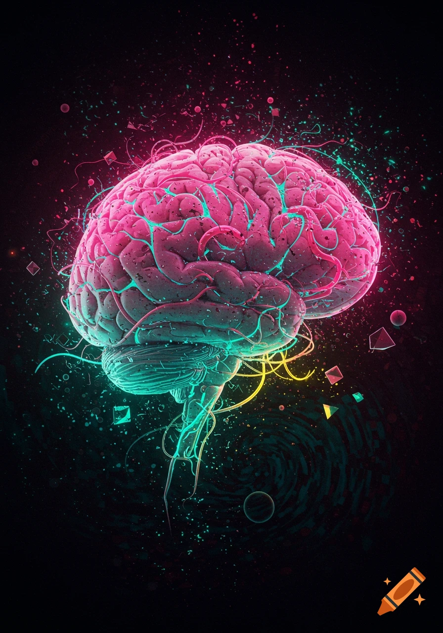 Minimalist neon line art illustration of a human brain on a dark blue ...